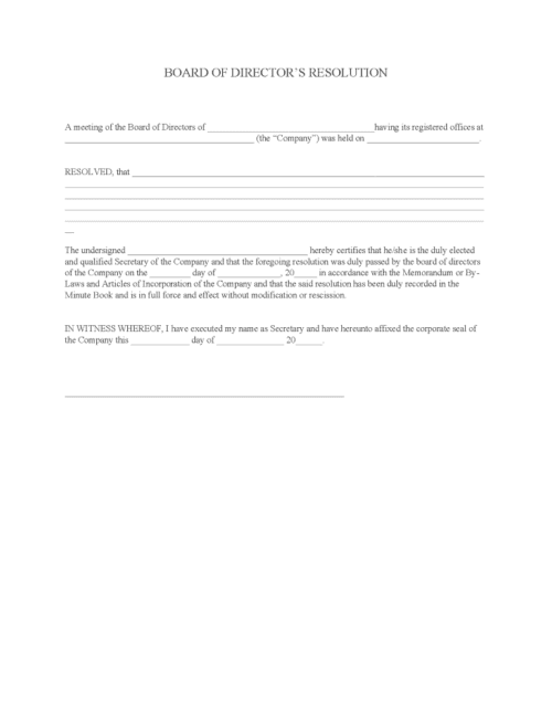 Board of Directors Resolution Form Word - Free Printable Legal Forms