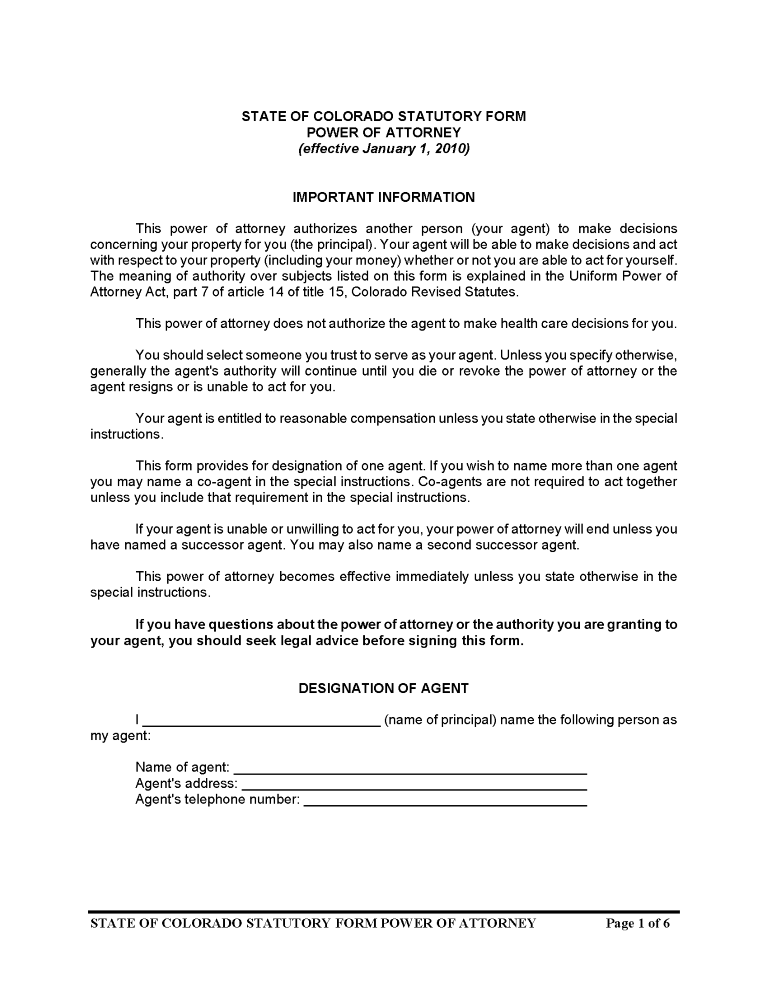 Colorado Financial Power of Attorney Form Word - Free Printable Legal Forms
