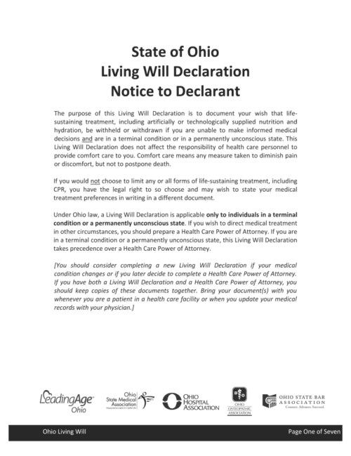 Ohio Blank Printable Living Will PDF - Free Printable Legal Forms
