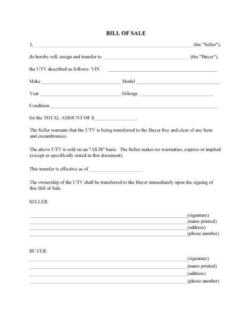 UTV Bill of Sale PDF - Free Printable Legal Forms