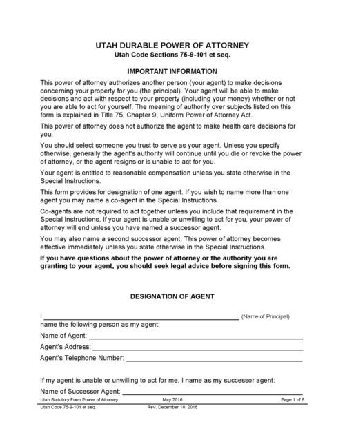Utah Power of Attorney Forms - Free Printable Legal Forms