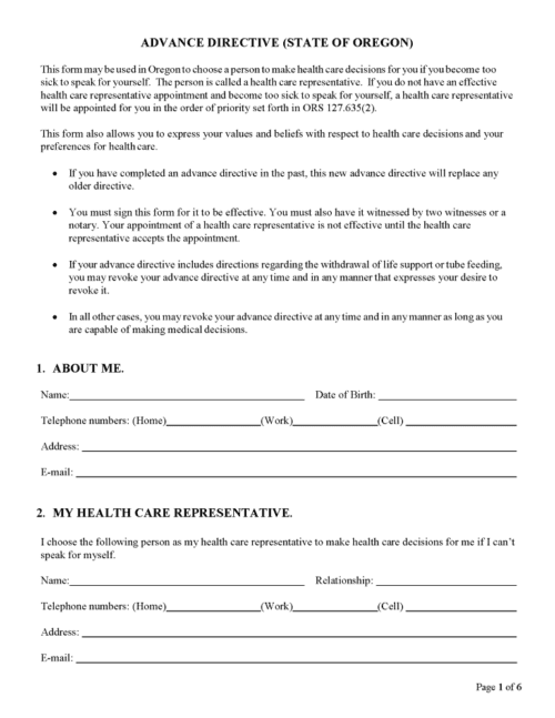 Oregon Advance Healthcare Directive Form PDF - Free Printable Legal Forms