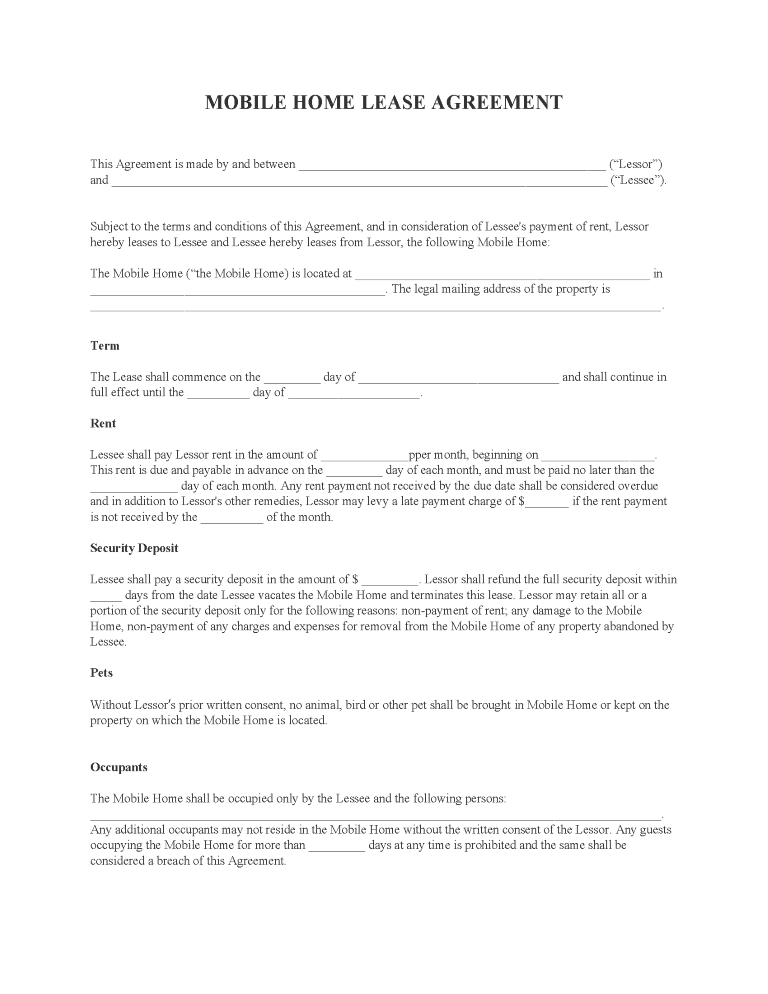 Mobile Home Lease Agreement - Free Printable Legal Forms