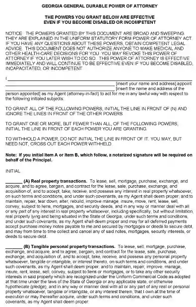 Georgia Durable Power of Attorney Form PDF - Free Printable Legal Forms