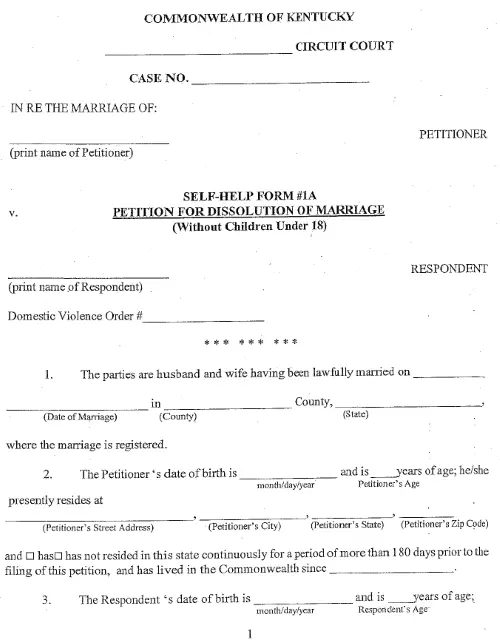 Free Kentucky Divorce Forms Printable PDF Word