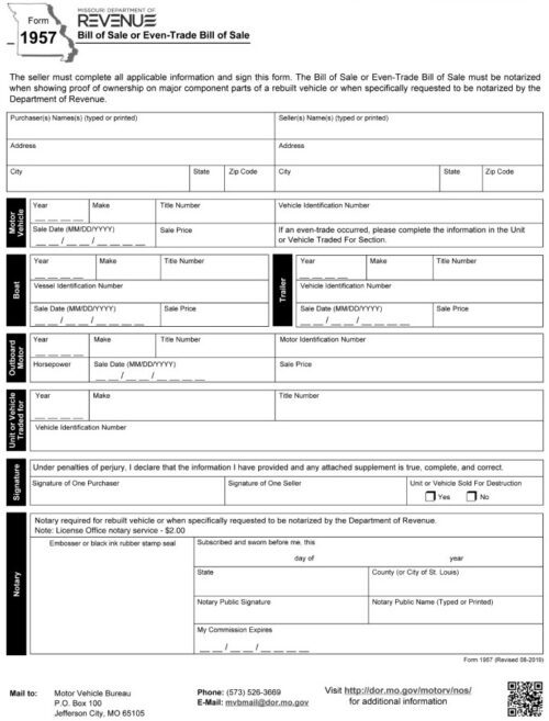 Free Printable Missouri Motor Vehicle Bill of Sale For Truck or Car PDF ...