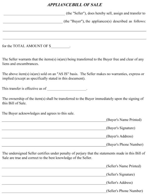 Free Printable Bill of Sale For Appliances PDF & Word