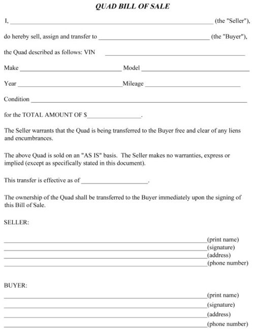 Free Printable Bill of Sale For Quad PDF & Word