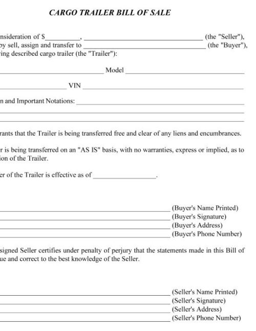 Free Printable Cargo Trailer Bill of Sale PDF & Word