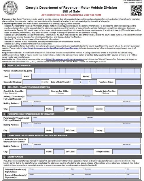 Georgia Bill of Sale For Vehicle PDF - Free Printable Legal Forms